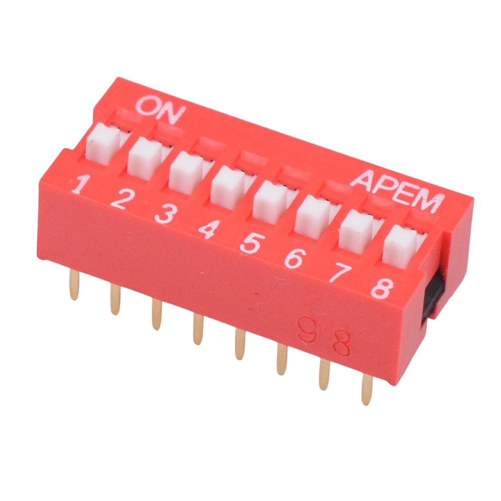 NDS-08-GV 8 Way Raised Actuator DIP Switch SPST APEM — Maplin Pro | Your One Stop Component Shop
