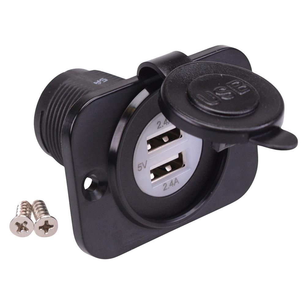 Dual USB-A 5V 2.4A Panel Mount Socket with LED & Flange A13-194B2PS-BB ...