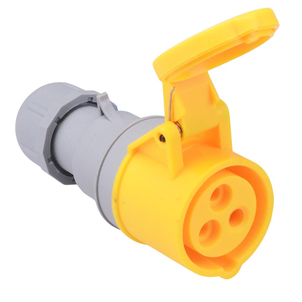 Yellow 16A 110V 2P+E Industrial Inline Socket IP44 — Maplin Pro | Your One Stop Component Shop